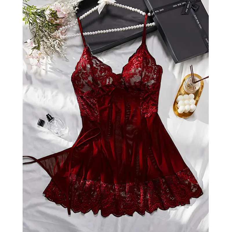 Nuevo camisón Halter de verano, lencería roja transparente, pijamas ...