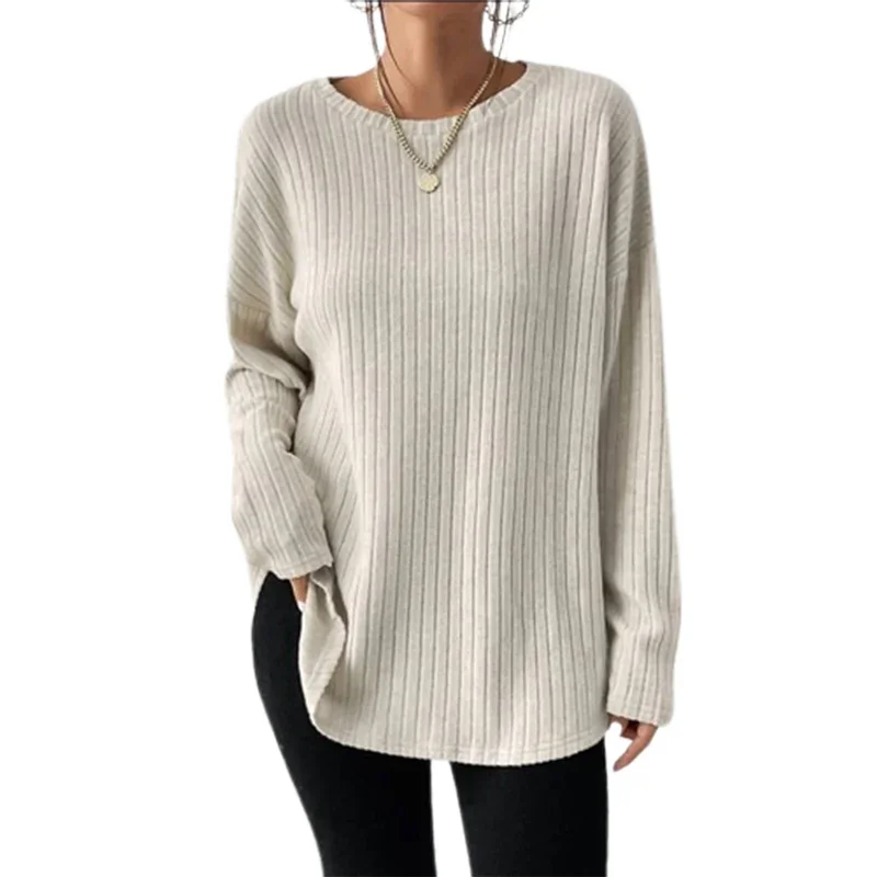 Elegant-Pit-stripe-Round-Neck-Pullover-Jumpers-Women-Solid-Color-Loose ...