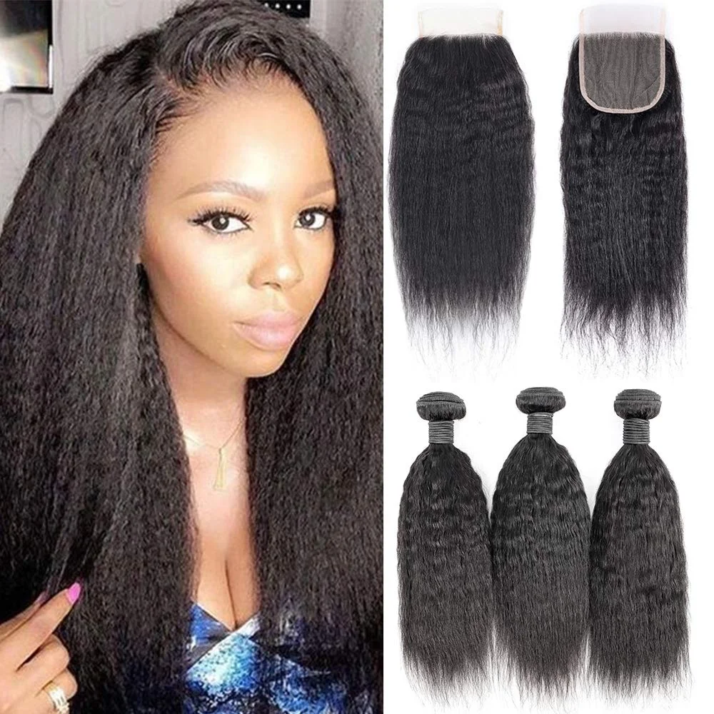 Kinky-Straight-Human-Hair-Bundles-with-6x6-Lace-Closure-3-Bundles-Yaki-Bundles-Brazilian-Remy ...