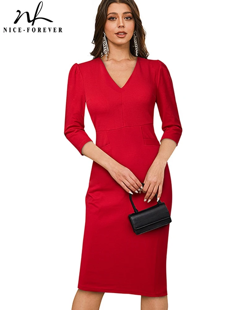 Nice-forever Autumn Women Classy V Neck Plain Dresses Formal Business ...