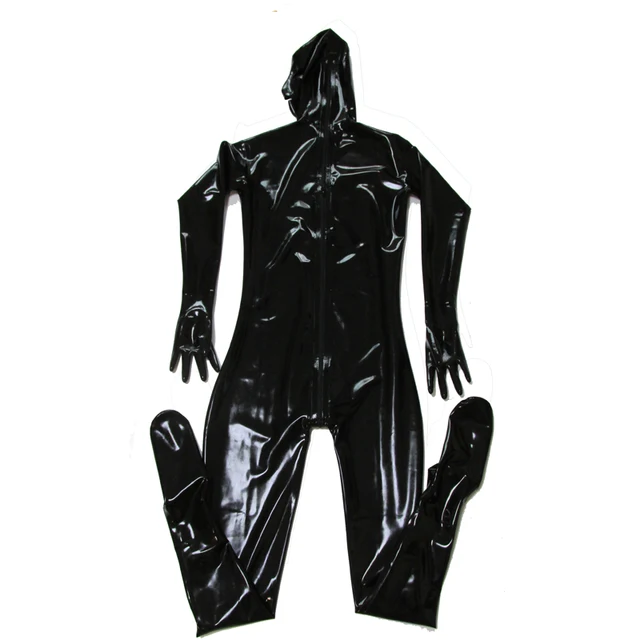 Solid Black Latex Men Catsuit Rubber Coverall Zentai Bodysuit with Hood ...