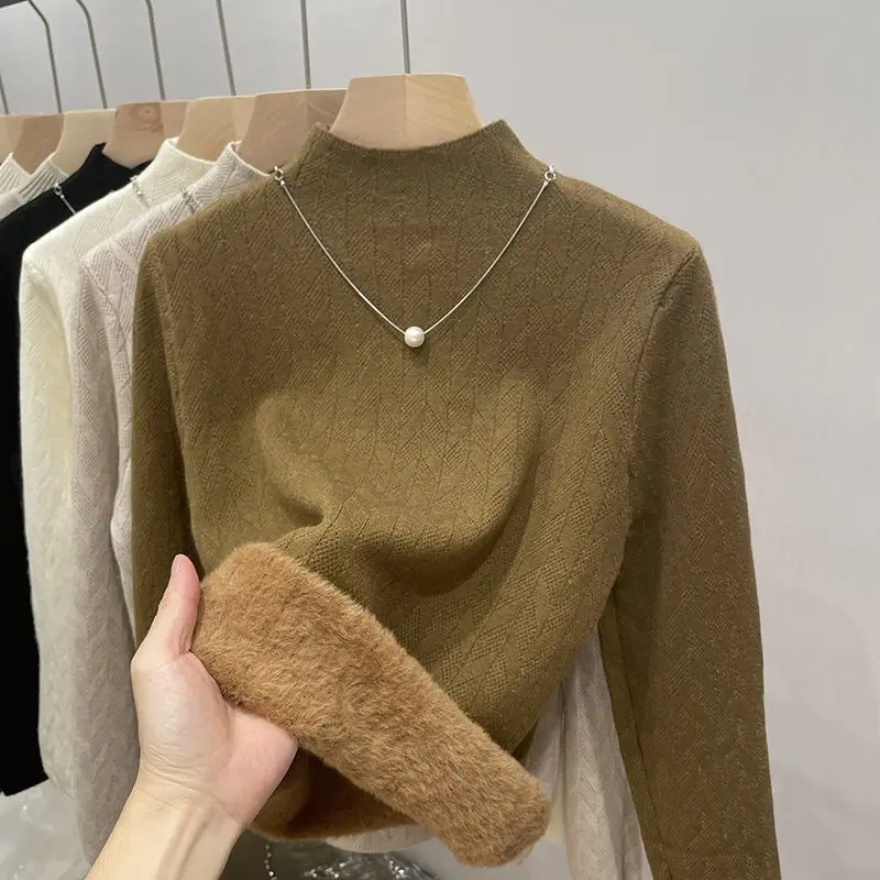 Flocking Half High Collar Solid Color Pullover Long Sleeve Screw Thread ...
