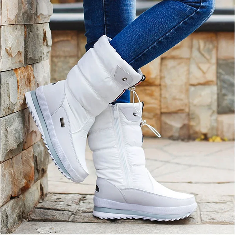 White-Women-Boots-Winter-Shoes-Warm-Plush-Mid-calf-Boots-Waterproof ...