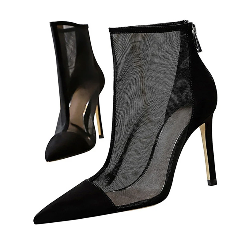 Spring Autumn New Sexy Mesh Ankle Boots Women's Pointed Toe Stiletto ...