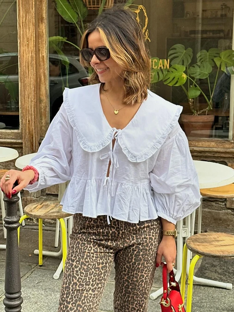 Camisa-com-gola-Peter-Pan-feminina-tops-de-manga-comprida-blusa-simples ...