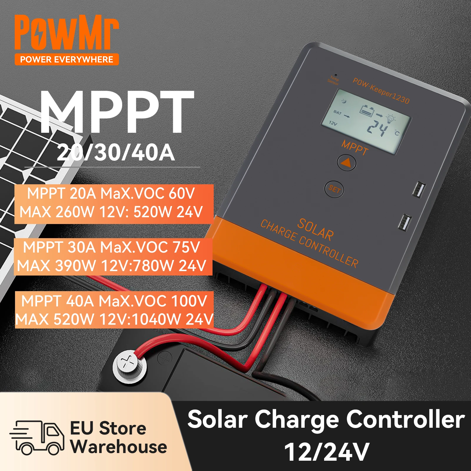 PowMr 20A 30A 40A MPPT Solar Charge Controller 12V 24V Auto Solar Panel ...