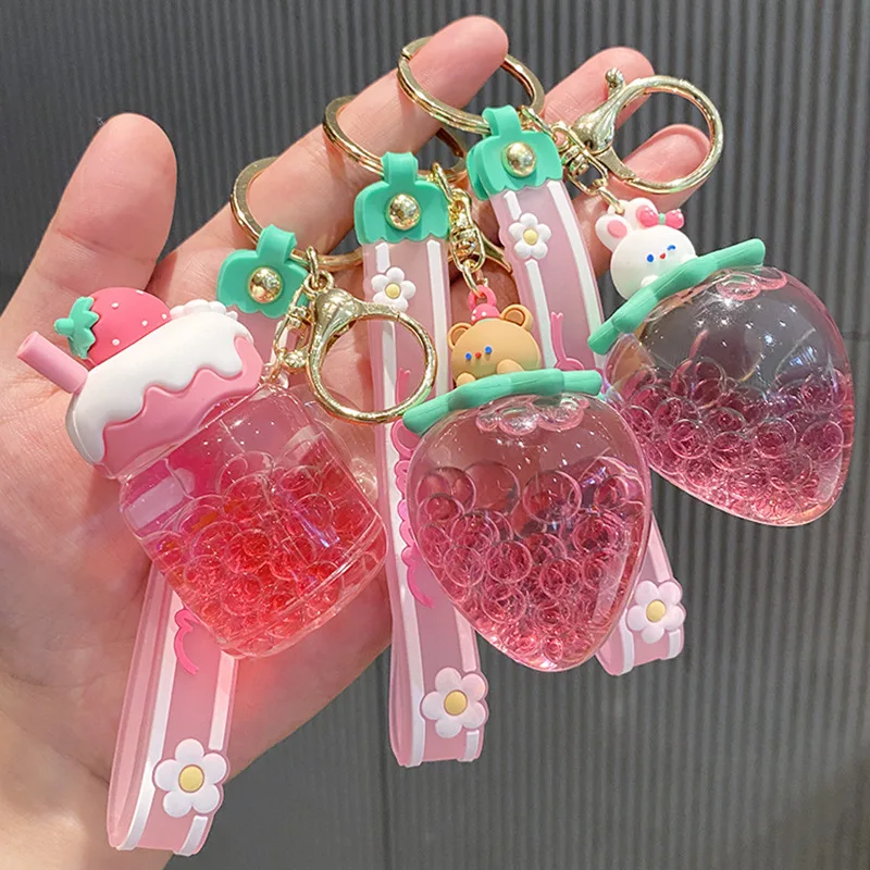 New Hot-selling Strawberry Shape Keychain Pink Girl Heart Into Oil Bag ...
