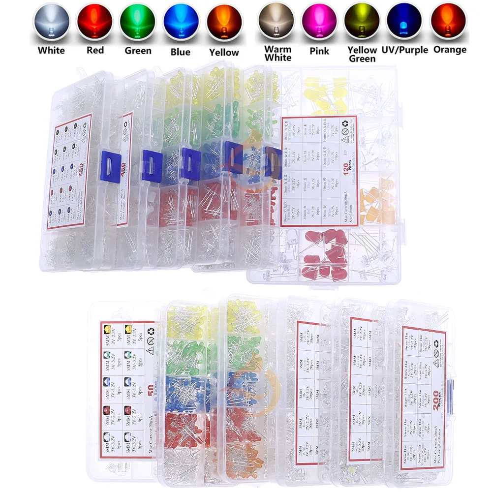 3mm 5mm 10mm LED Diode Kit RGB White Green Red Blue Yellow Orange Pink ...