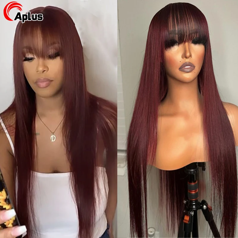 Fringe Human Hair Wig With Bangs Dark Burgundy 99j Full Colored Bang ...