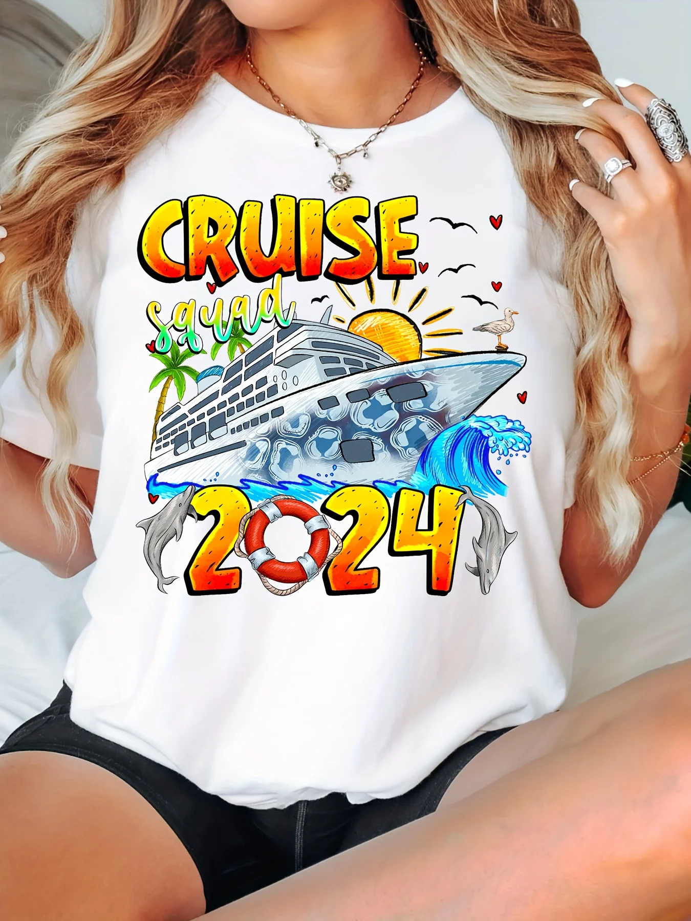 Cruise-Print-Crew-Neck-T-Shirt-Women-s-Casual-Short-Sleeve-Tee-for ...