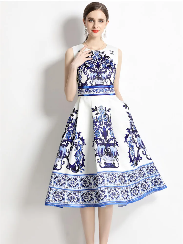 Summer-Vintage-Blue-And-White-Porcelain-Dresses-Women-s-Sleeveless-O ...