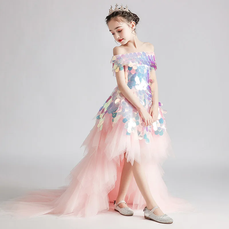 Girl-s-Formal-Banquet-Dress-Off-Shoulder-Little-Girls-Sequin-Long-Prom ...