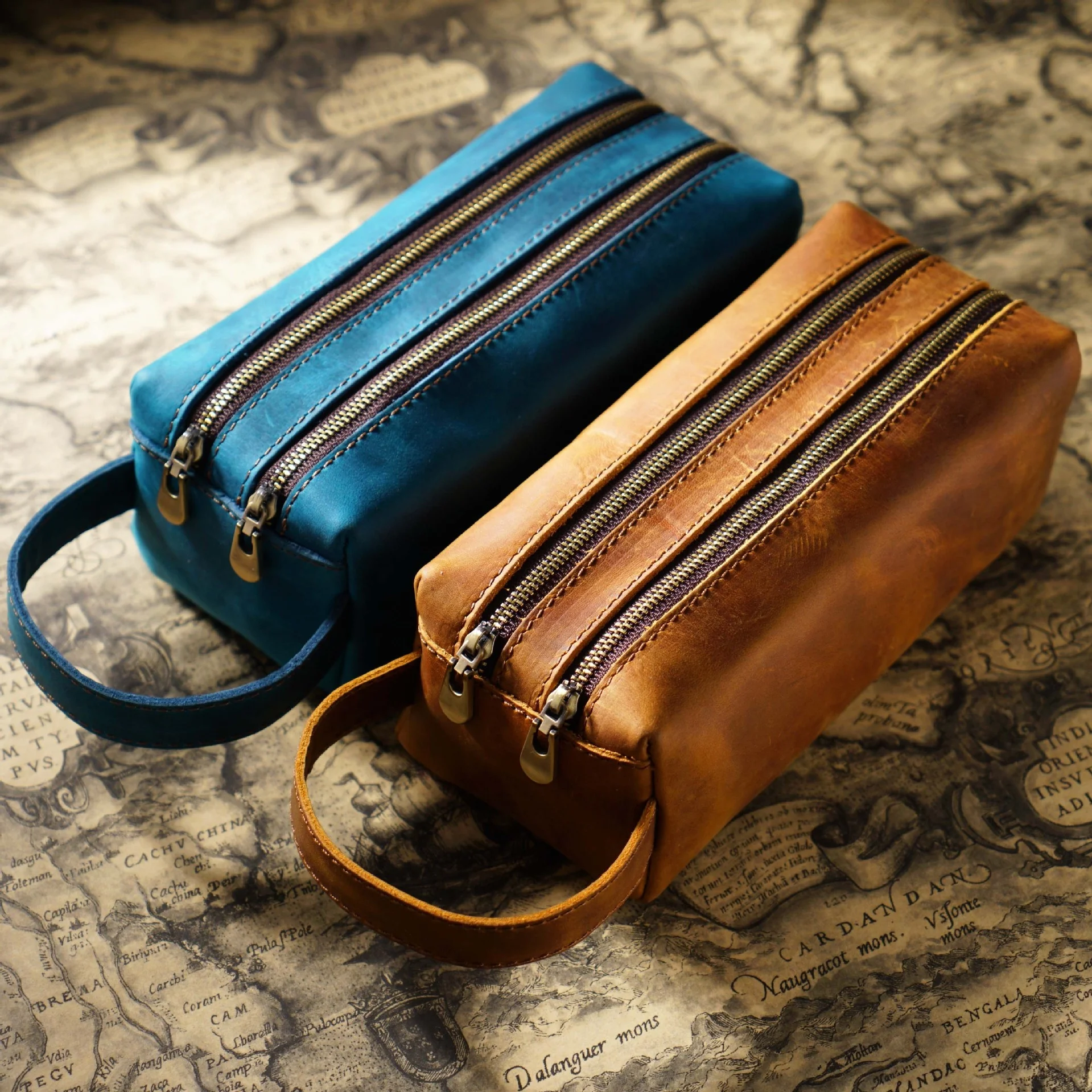 Handmade-Genuine-Leather-Pencil-Bag-Vintage-Double-Layer-Design-Zipper ...