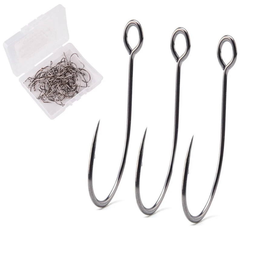 50pcs/box Barb Hook Fishing Hooks Big Ring Carbon Steel Single Hooks ...