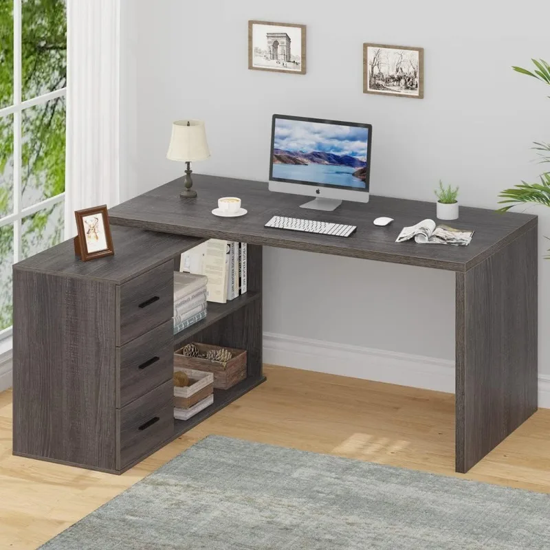 Black L Desk with Drawers Shelves, Large Reversible L Shaped Desk with ...