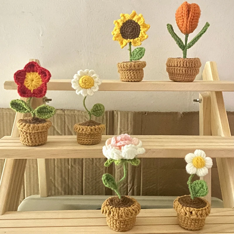 Hand-Knitted-Flowers-Potted-Crochet-Rose-Sunflower-Tulip-Artificial ...