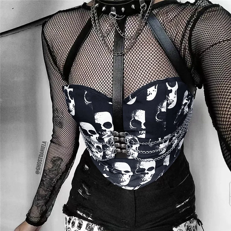 Goth Grunge Crop Top Skull Black Fishnet Mesh Spliced See Through Graphic T Shirts Black Long ...