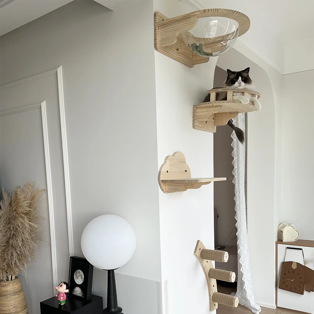 Wall mounted cat jumping platform with felt clouds solid wood cat wall ...