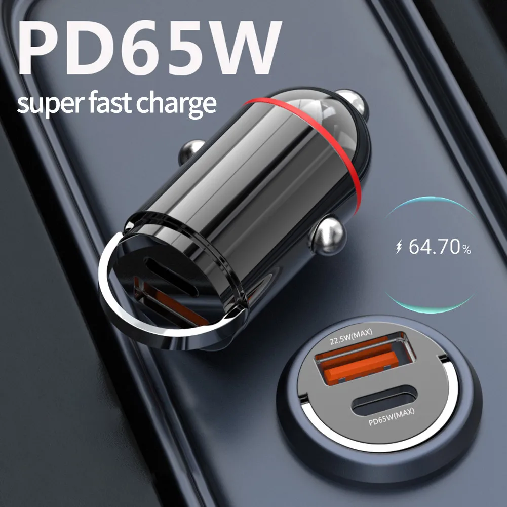 1pc Car Charger Mini Dual USB QC3.0 PD Car Phone Charger 65W Fast Charge Adapter Accessories ...