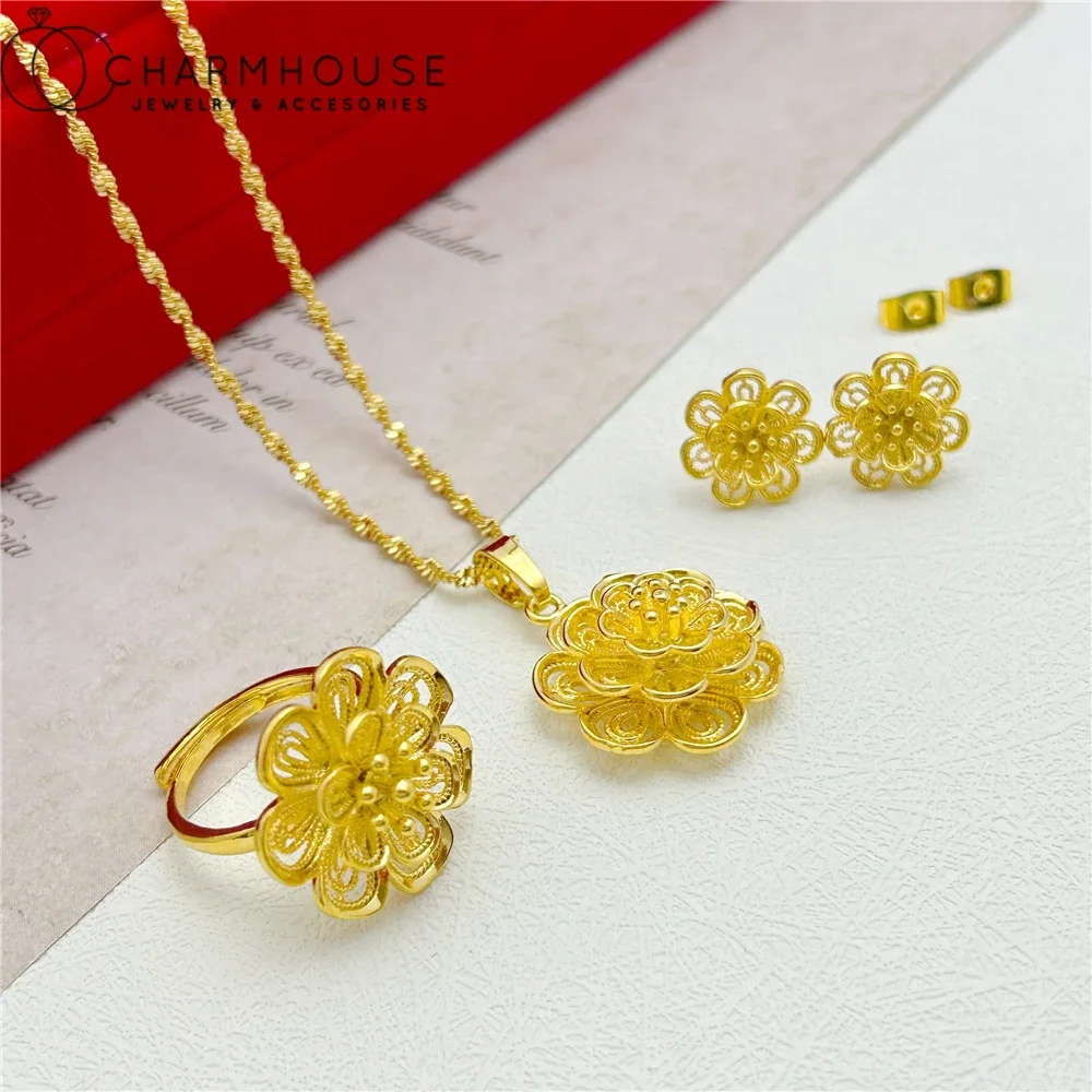 24K Gold Color Jewelry Sets For Women Flower Pendant Necklace Earrings ...