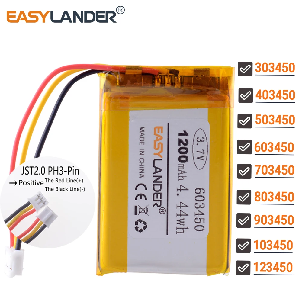 JST2.0mm 3Pin 403450 3.7V 700mAh Lithium Lipo Li-ion Polymer Battery ...