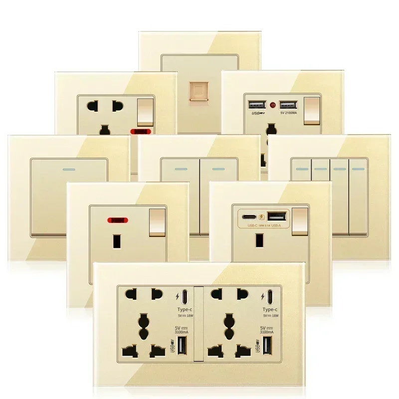 Gold-Universal-Tempered-Glass-Wall-Socket-UK-13A-power-outlet-with-USB ...