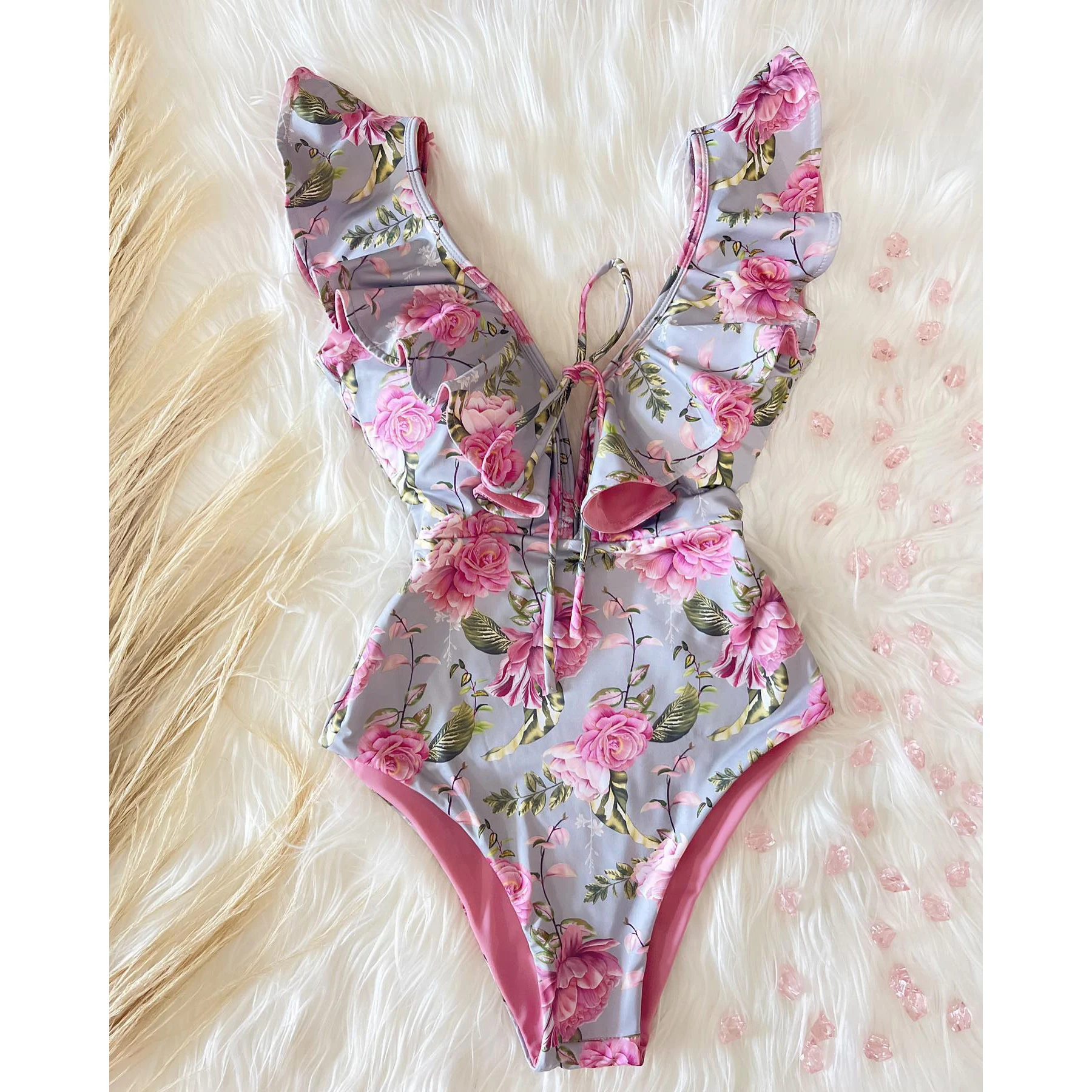 2024-New-Print-Ruffle-One-Piece-Swimsuit-Sexy-Deep-V-Swimwear-Female ...