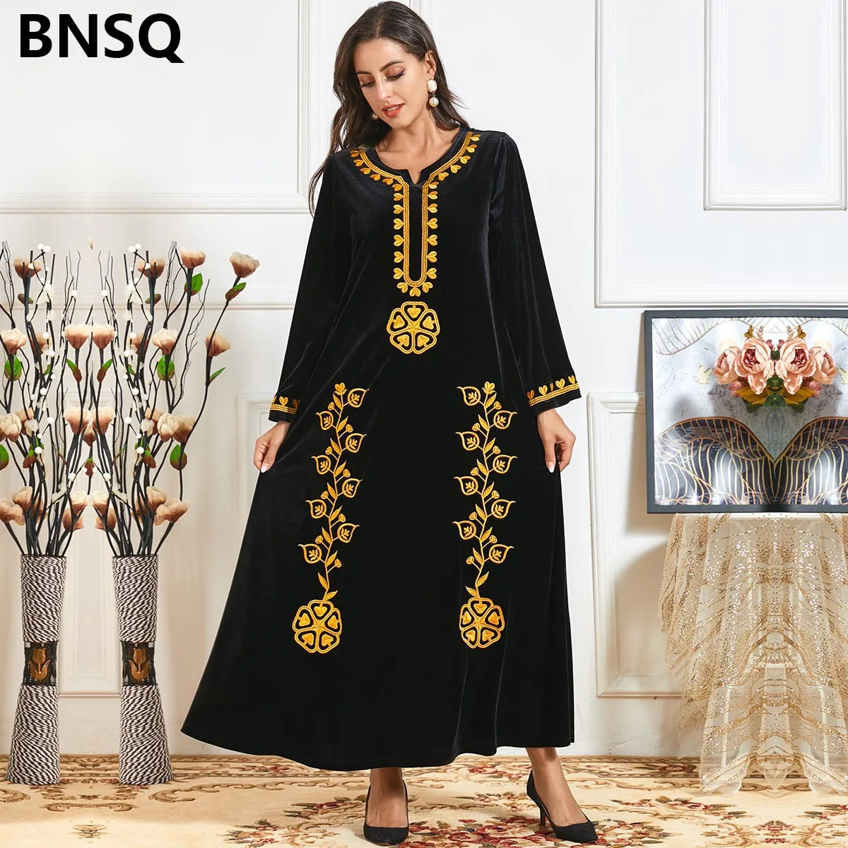 Original Design Embroidery Velvet Dress Spring Autumn Women Long Dress ...