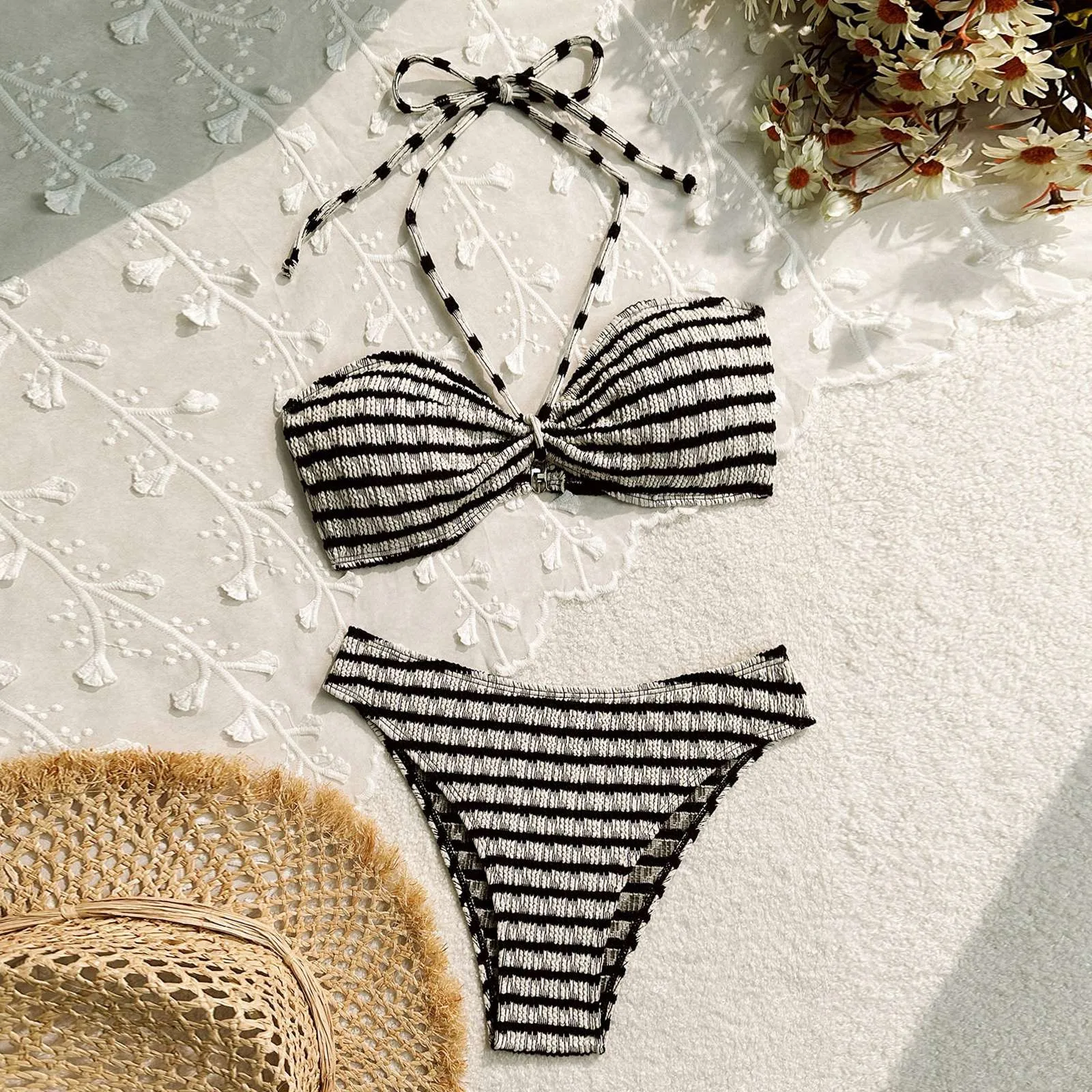 Strapless Bikini Women's European Hanging Neck Striped Print Swimsuit ...