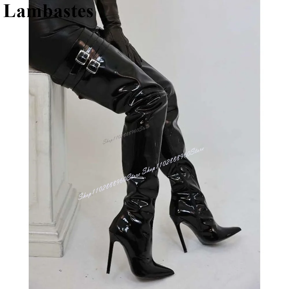 Cuissardes-en-cuir-verni-pour-femmes-chaussures-talons-hauts-fins ...