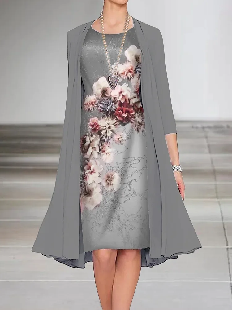 Women Dress Vestidos Mujer Vintage Print Chiffon Midi Dress +Cardigan ...