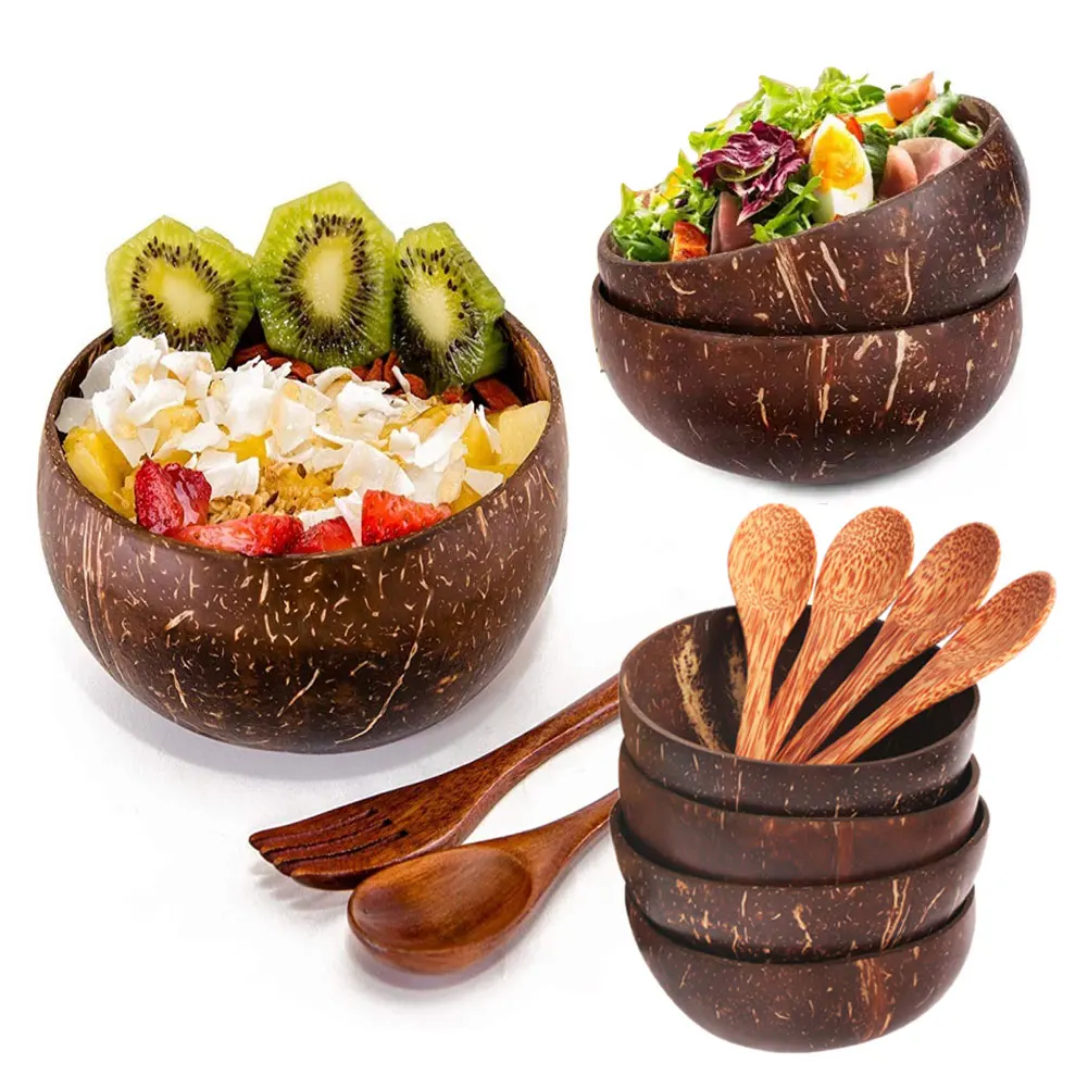 Tigela-De-Coco-Natural-e-Colher-De-Madeira-Conjunto-De-Talheres-Para ...