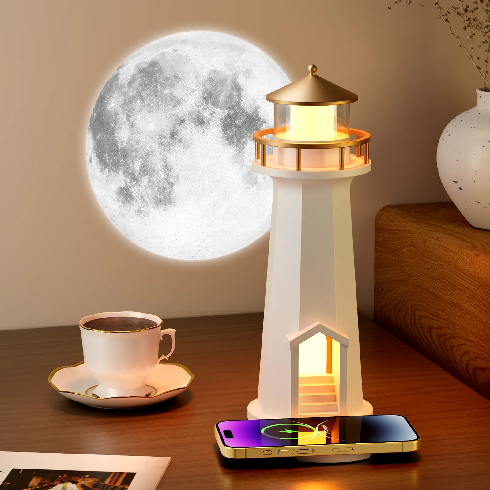 Faro de Luna, luz nocturna, Altavoz Bluetooth, cargador inalámbrico ...