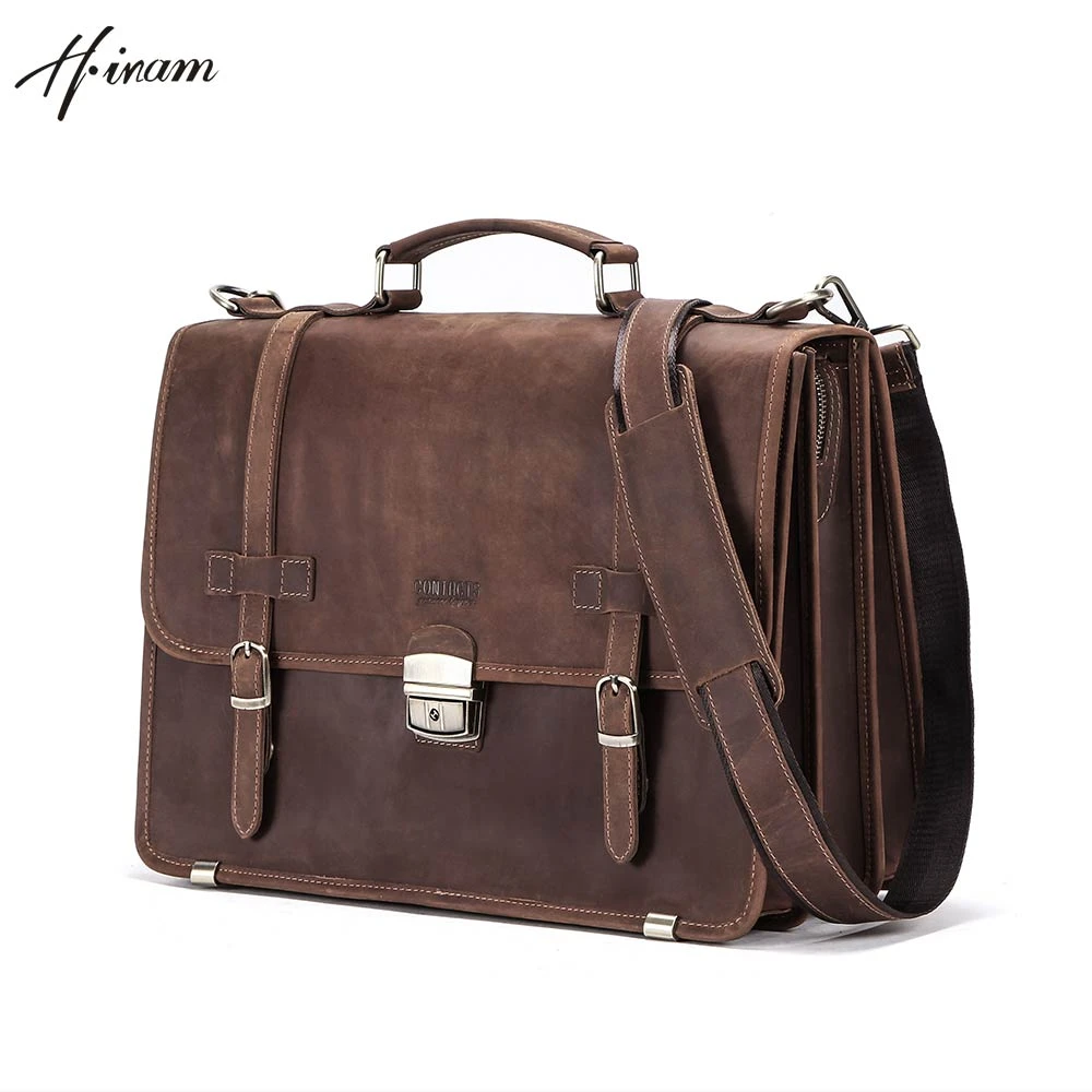 Contacts Genuine Crazy Horse Leather Vintage Men Briefcase For Macbook ...