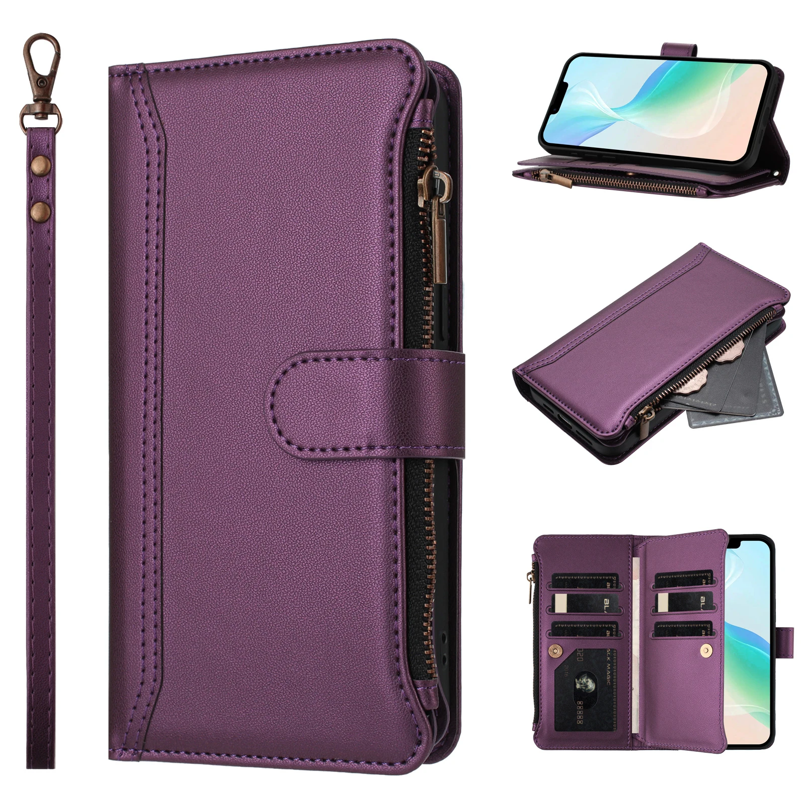 Elegant Multi-Card Zipper Wallet Case with Leather Lanyard and Wristlet ...