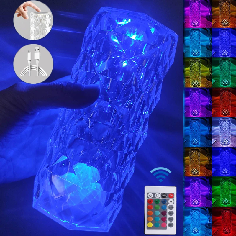 LED Crystal Table Lamp Rose Light Projector 3/16 Colors Touch ...