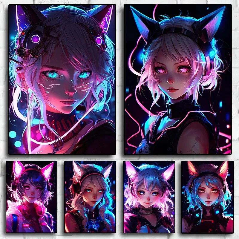 Pop-Neon-Elements-Anime-Cat-Ears-Girl-Portrait-Creative-Posters-Prints ...