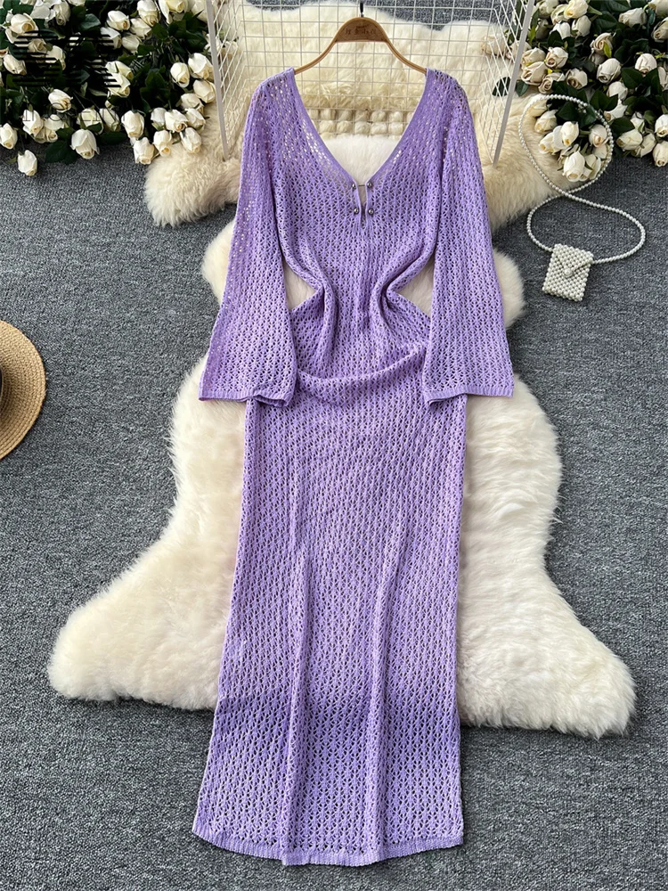 SINGREINY-Sexy-Mid-Length-Knitting-Dress-Women-Summer-Flare-Sleeve-V-Neck-Hollow-Out-Ladies ...