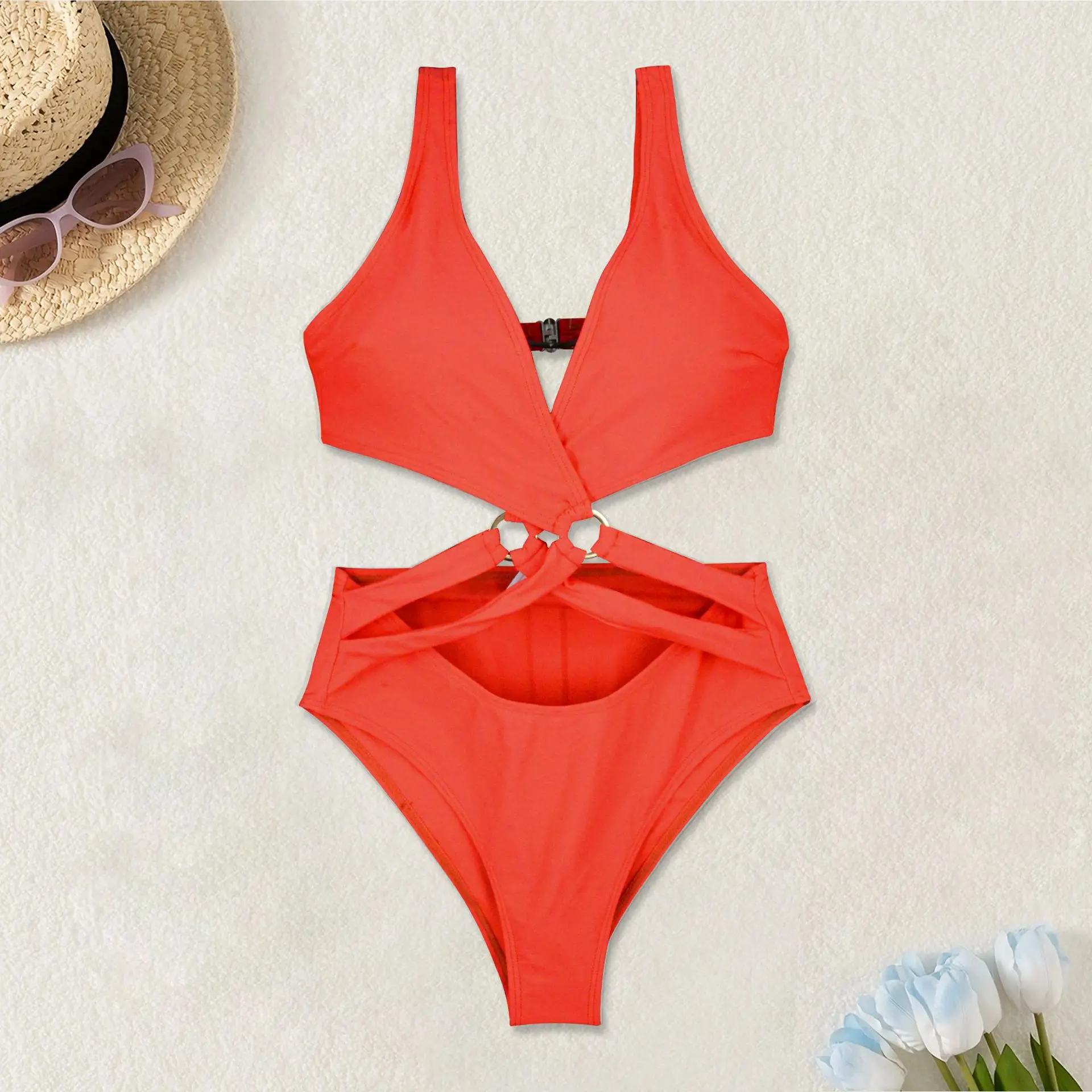 sexy orange metal ring cross swimsuit one piece deep v-neck backless ...