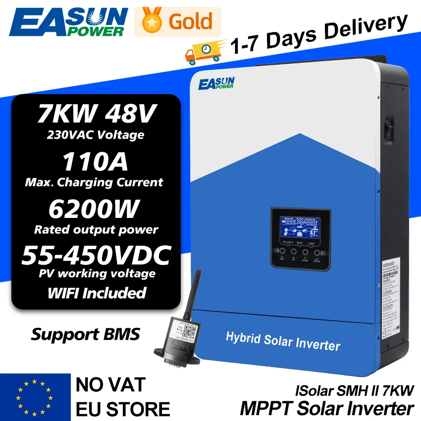 EASUN 7000VA 6200W Hybrid Solar Inverter 48VDC MPPT 80A 450VDC PV Input ...