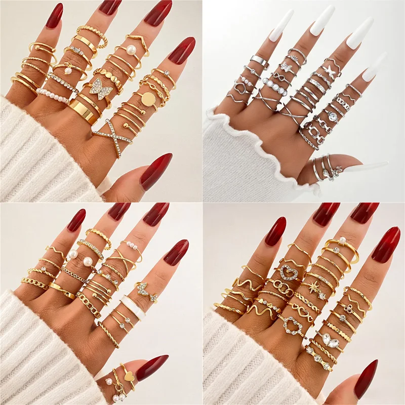 Vintage-Gold-Color-Metal-Rings-Set-Women-Girls-Boho-Geometric-Zircon ...