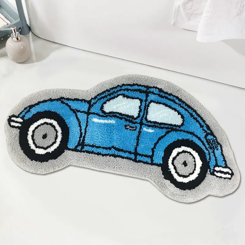 Cute Blue Car Shape Rug Flocking Plush Kids Bedside Carpet Anti Slip ...