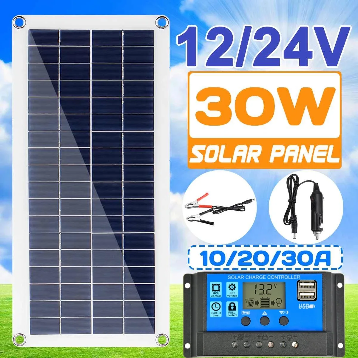 30W-Portable-Solar-Panel-Kit-Complete-DC-12V-USB-5V-with-10-60A ...