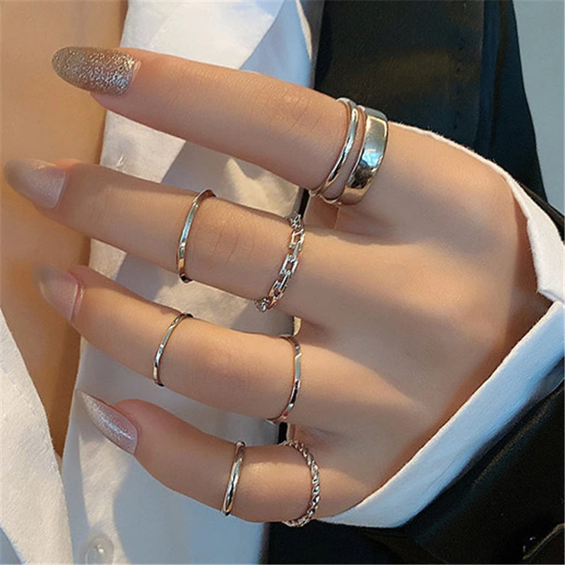 VAGZEB 7 Pcs/Set Fashion Design Round Silver Color Rings Set For Women ...