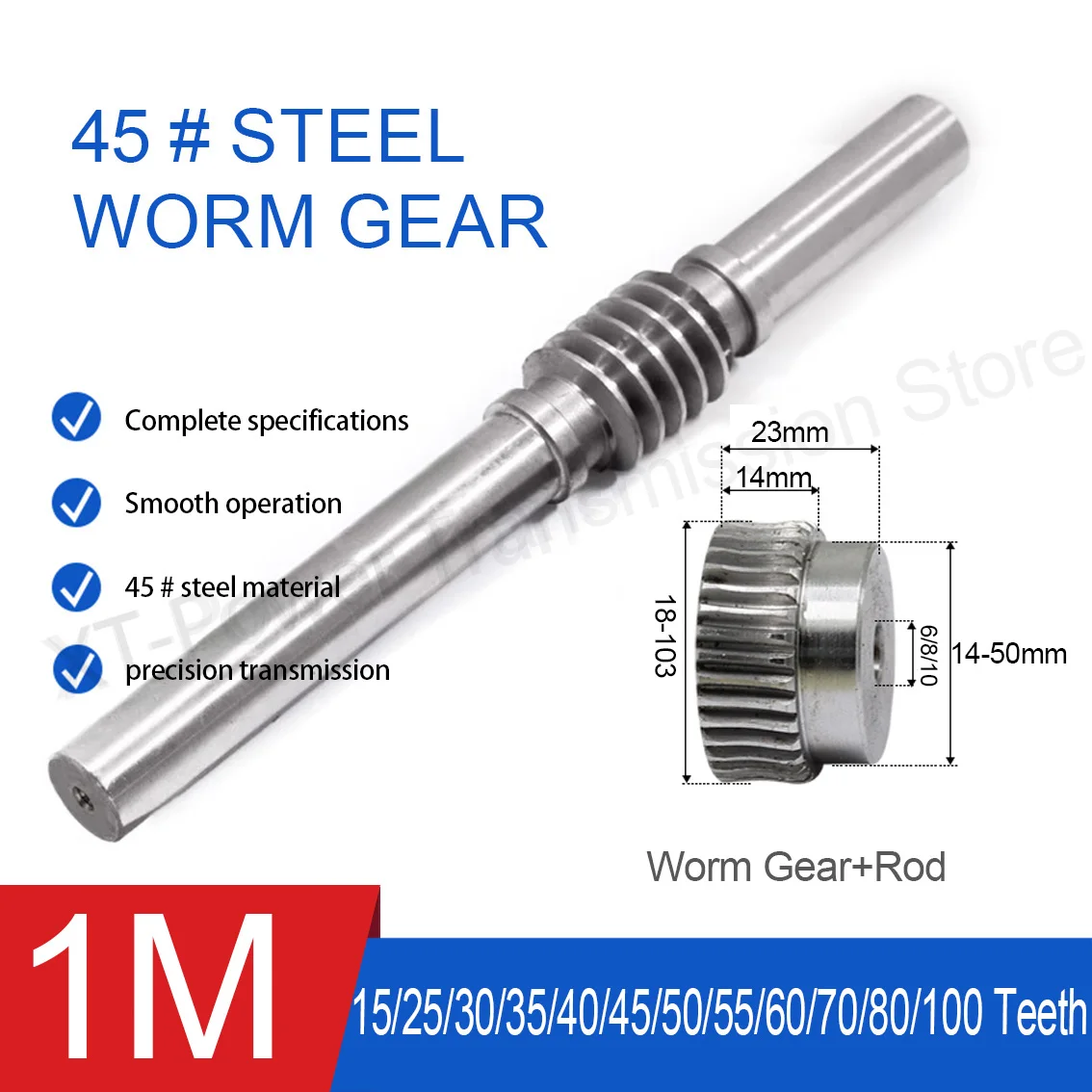 1Pcs 1M Carbon Steel Urbine Worm Gear 15-100 Teeth Bore 6mm Gear+Worm ...