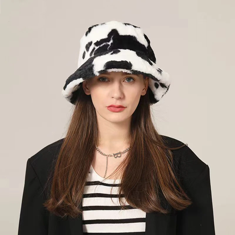 Winter Bucket Hat Cow Print | Cow Print Fluffy Bucket Hat | Bucket Hat ...