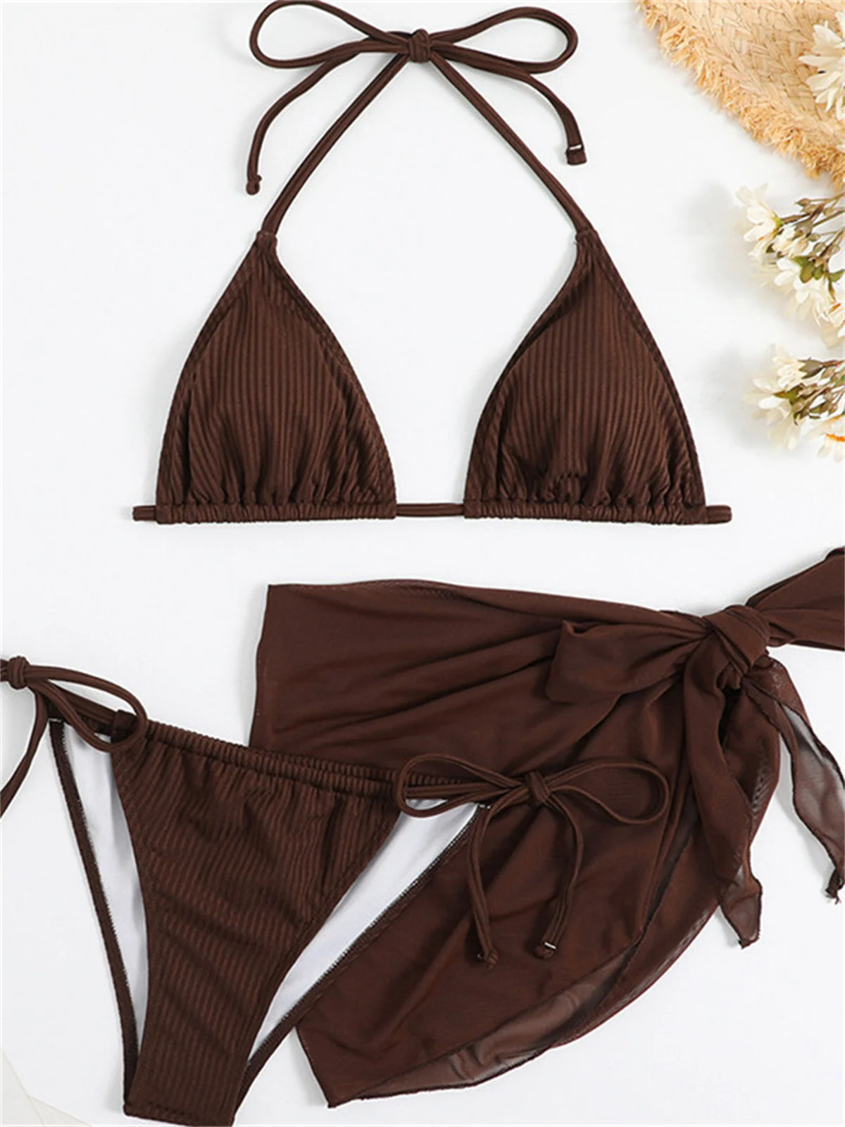 Sexy-Solid-Brown-Bikinis-Set-Women-Ribbed-Halter-Push-Up-Mesh-Skirt-Swimsuit-2023-Mujer ...