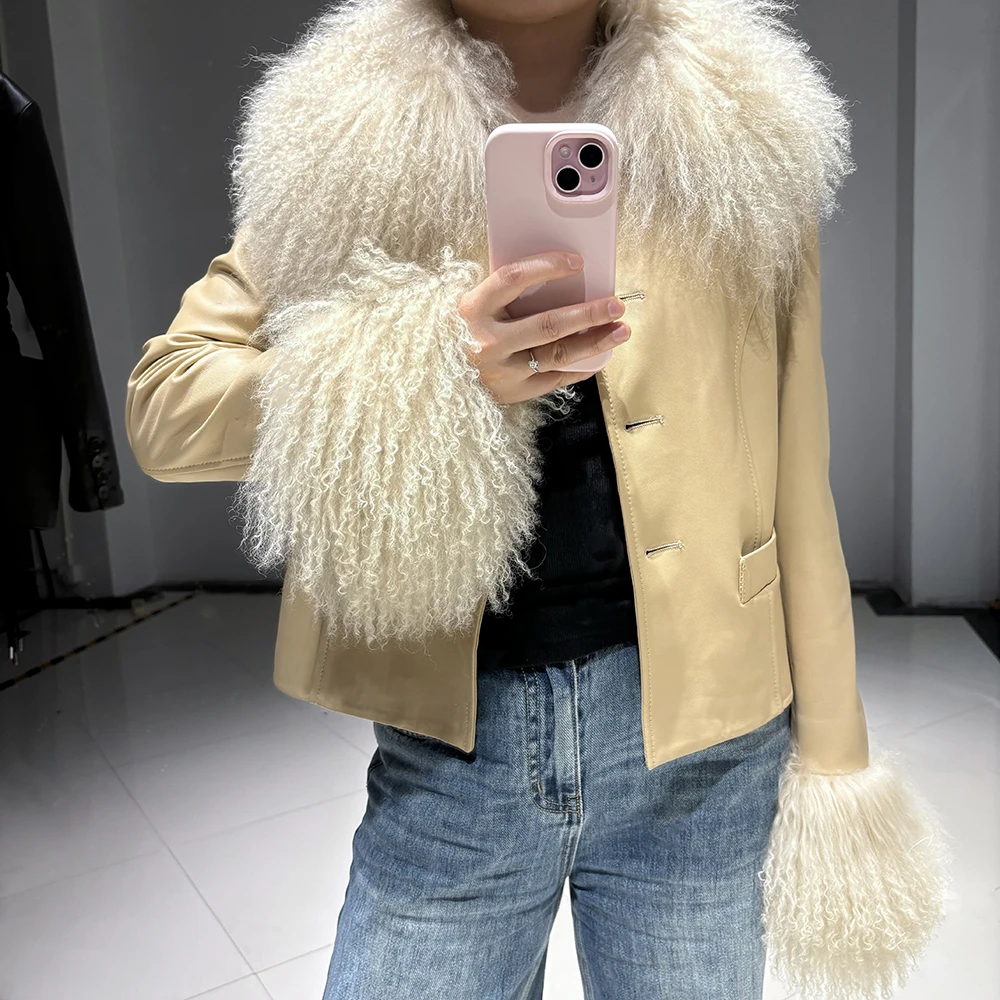 YOLOAgain-Real-Leather-Jacket-Women-Mongolia-Sheep-Fur-Collar-Cuffs ...