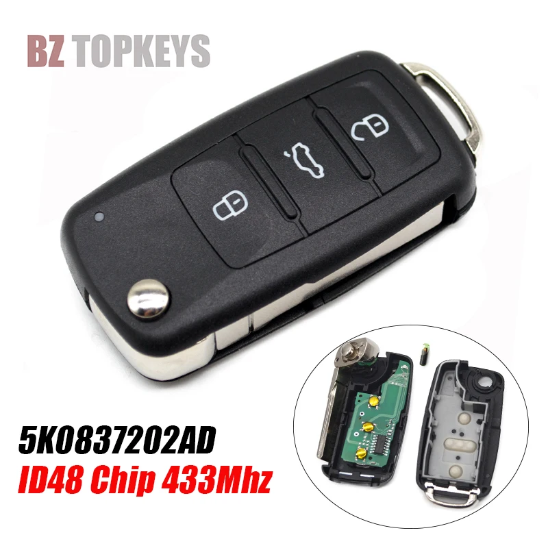 Folding remote key 3button ID48 Chip 434Mhz 5K0837202AD for VW Passat ...