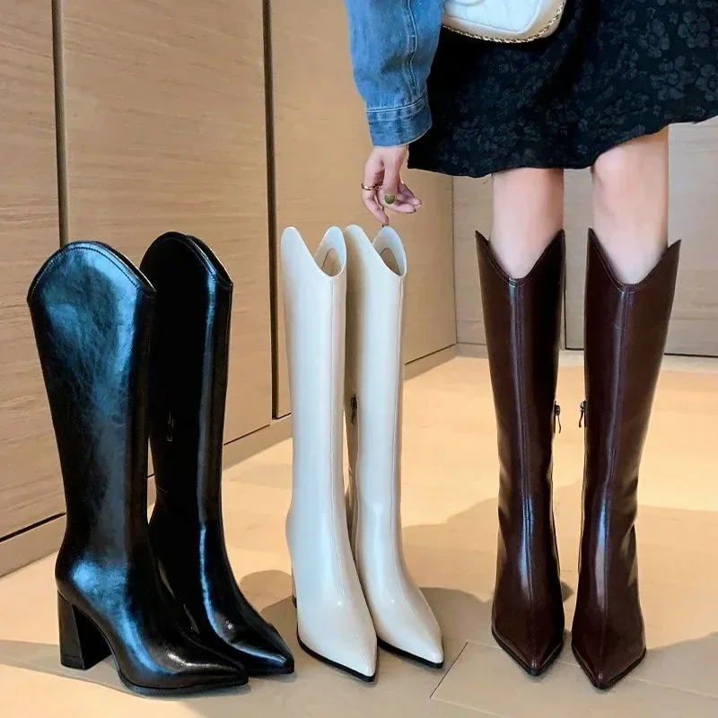 Botas-Largas-de-cuero-PU-para-mujer-Botas-hasta-la-rodilla-con-punta-en ...